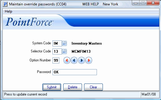 Maintain Override Passwords CC04 
